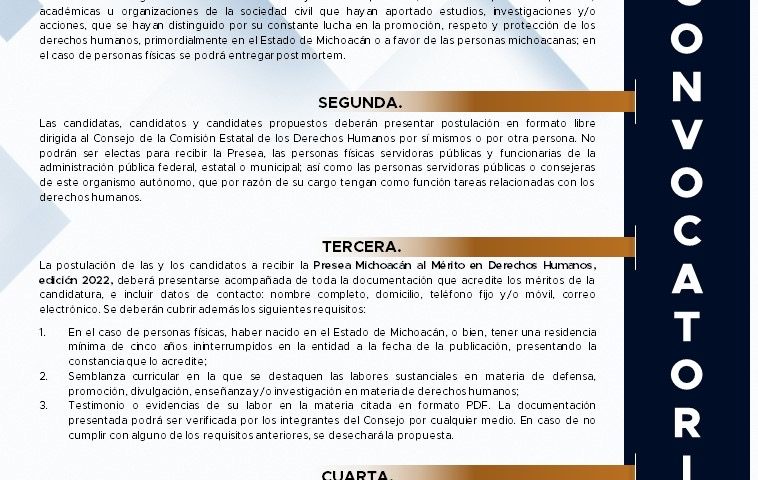 Comunicado Cedh Michoacán Convoca A Participar En Presea Al Mérito En